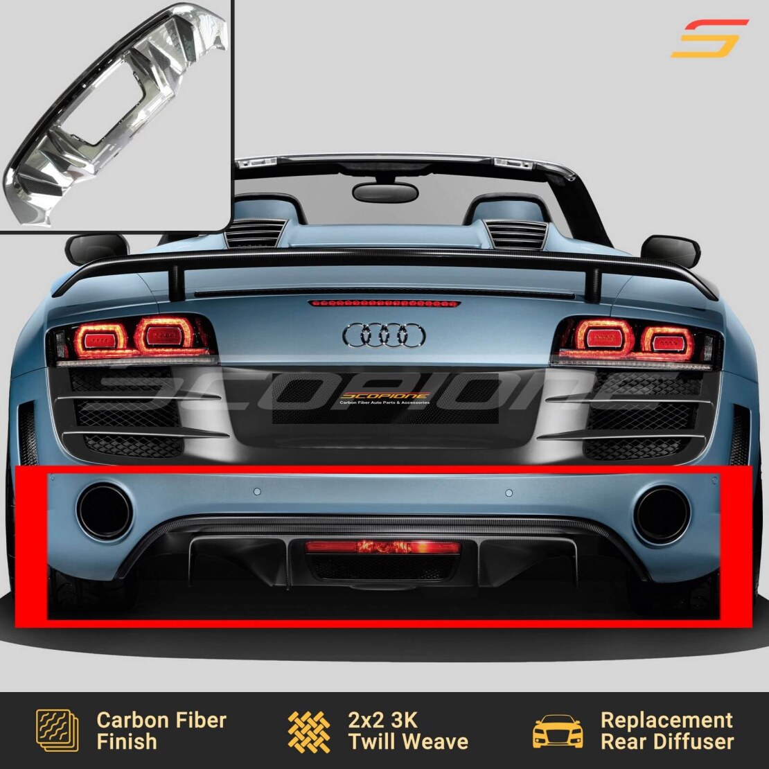 Audi R8 V10 Carbon Fiber Rear Diffuser – Performance Upgrade | Scopione