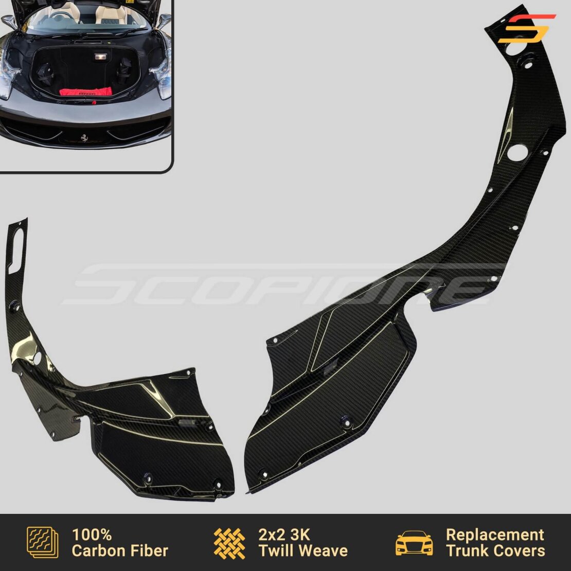 Scopione Carbon Fiber Side Bonnet Trunk Covers for Ferrari 458 Italia ...