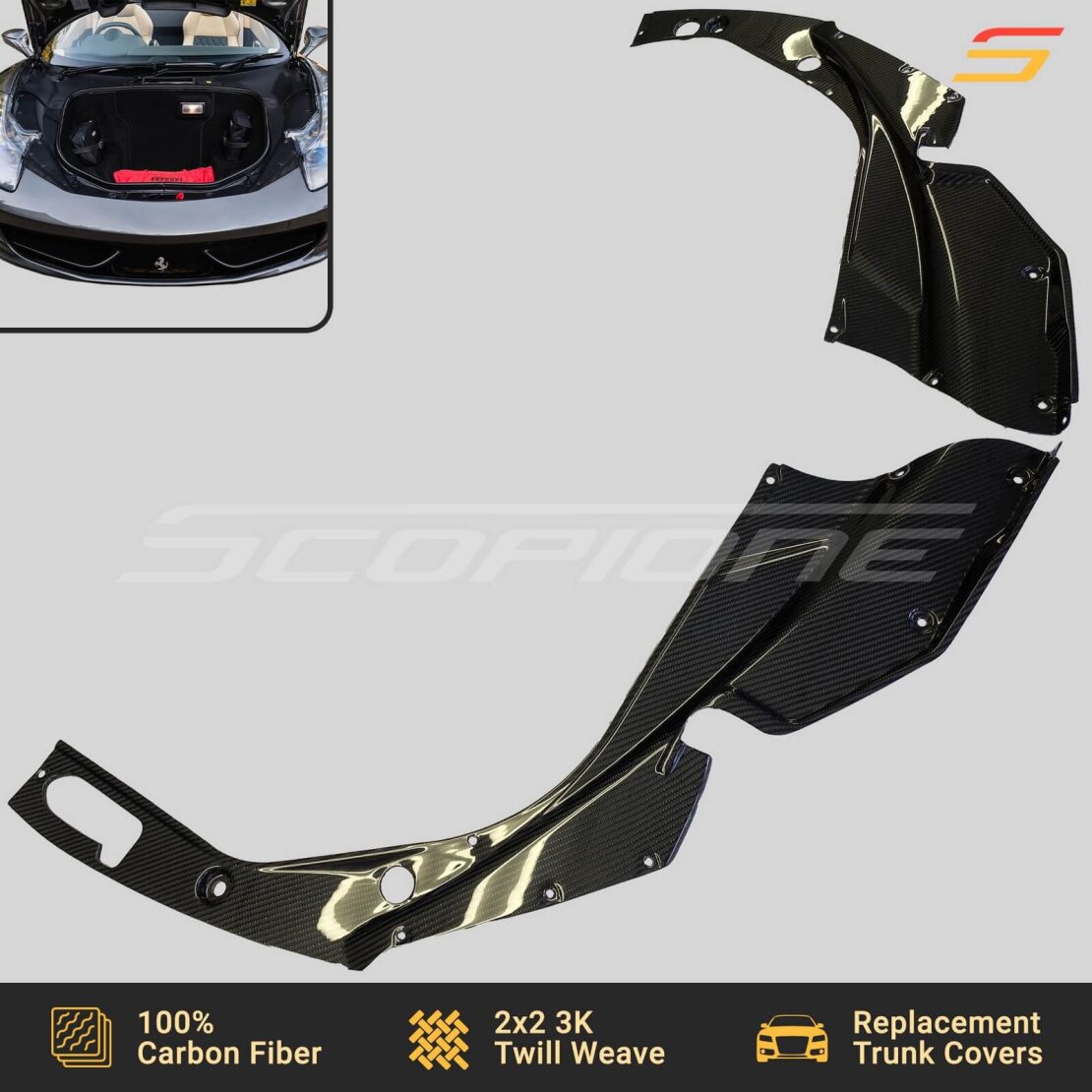 Scopione Carbon Fiber Side Bonnet Trunk Covers for Ferrari 458 Italia ...