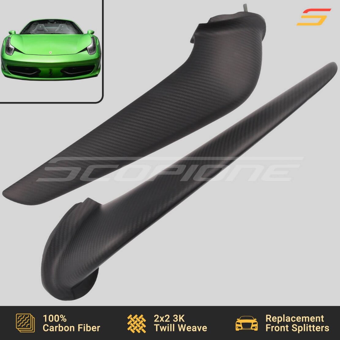 Scopione MATTE Carbon Fiber Front Splitters for Ferrari 458 Italia Spider