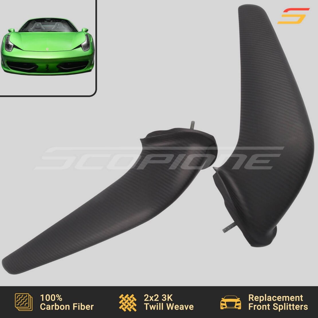 Scopione MATTE Carbon Fiber Front Splitters for Ferrari 458 Italia Spider