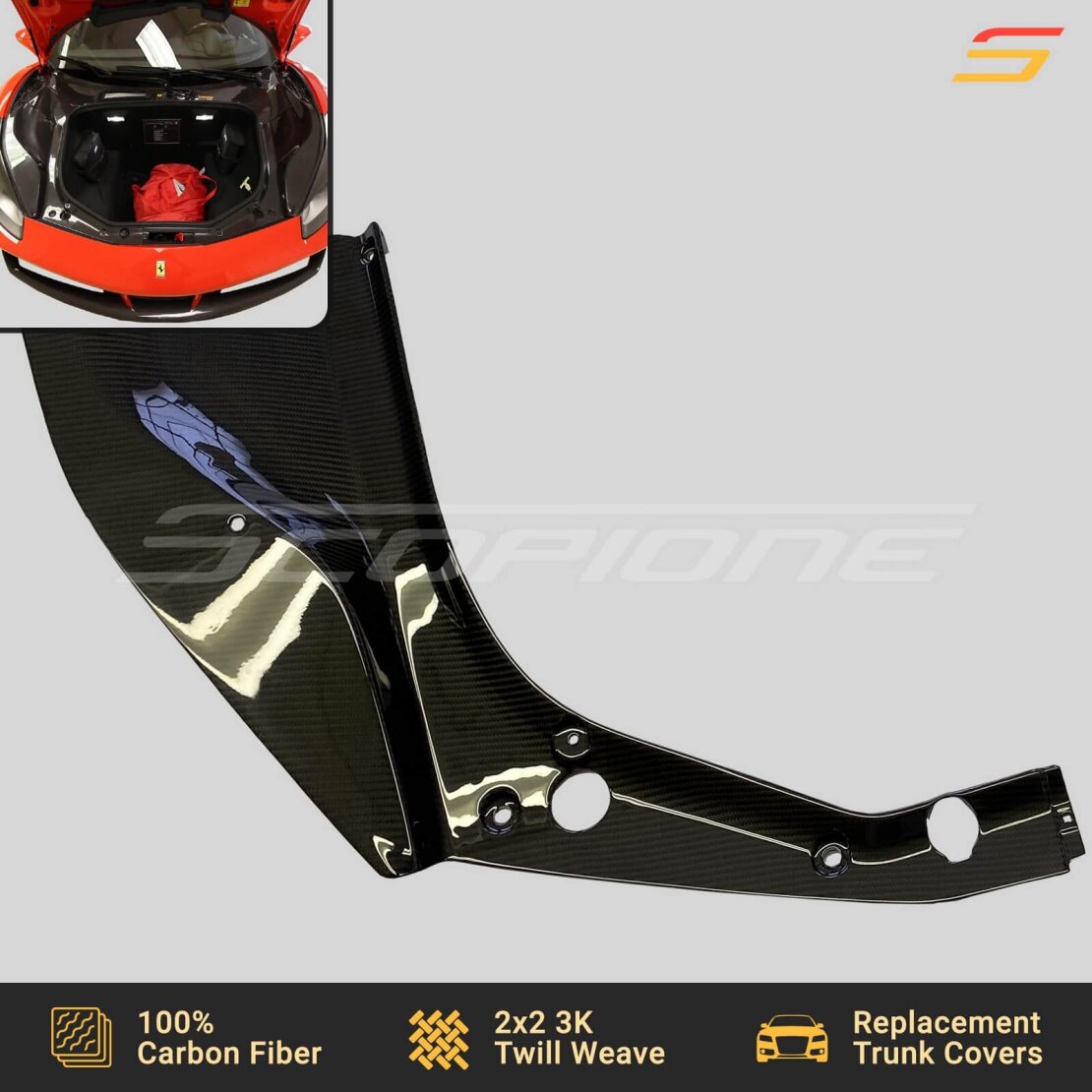 Scopione Carbon Fiber Side Bonnet Trunk Covers for Ferrari 488 GTB & Spider