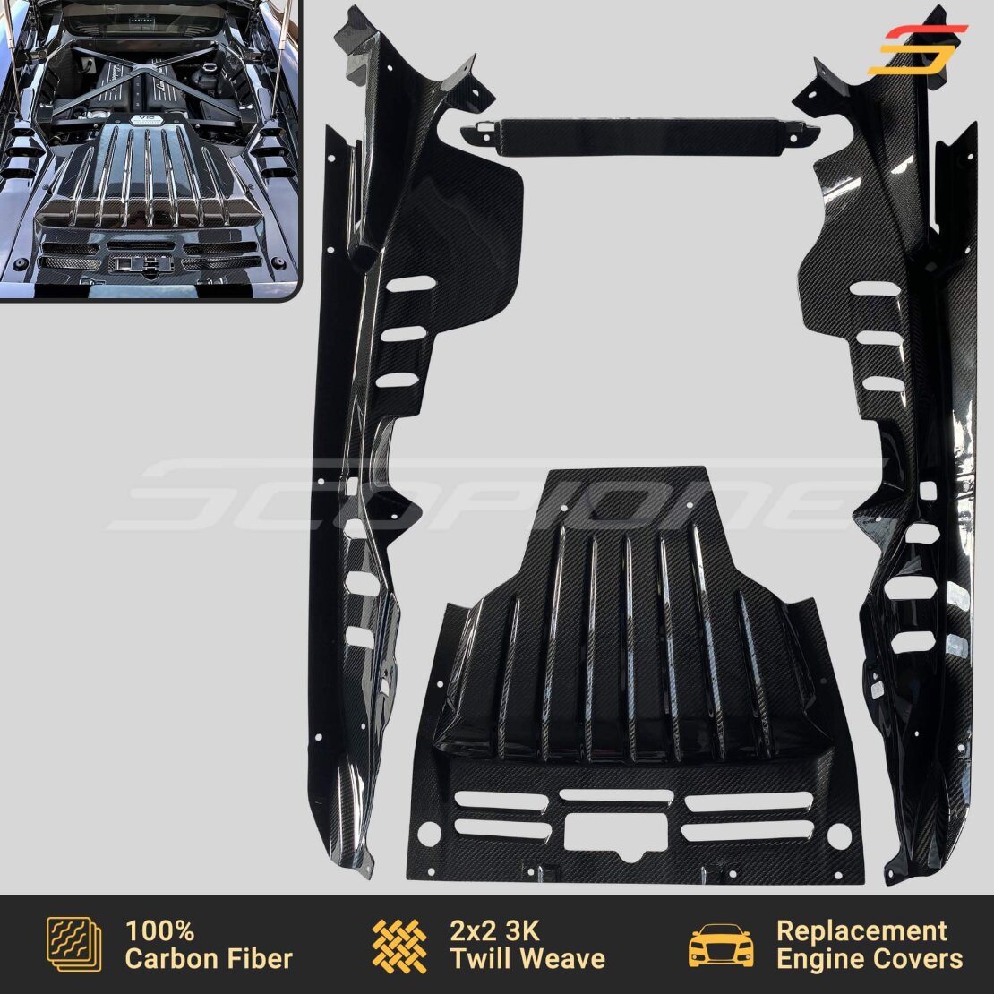 Scopione Carbon Fiber Engine Bay Covers Kit for Huracan